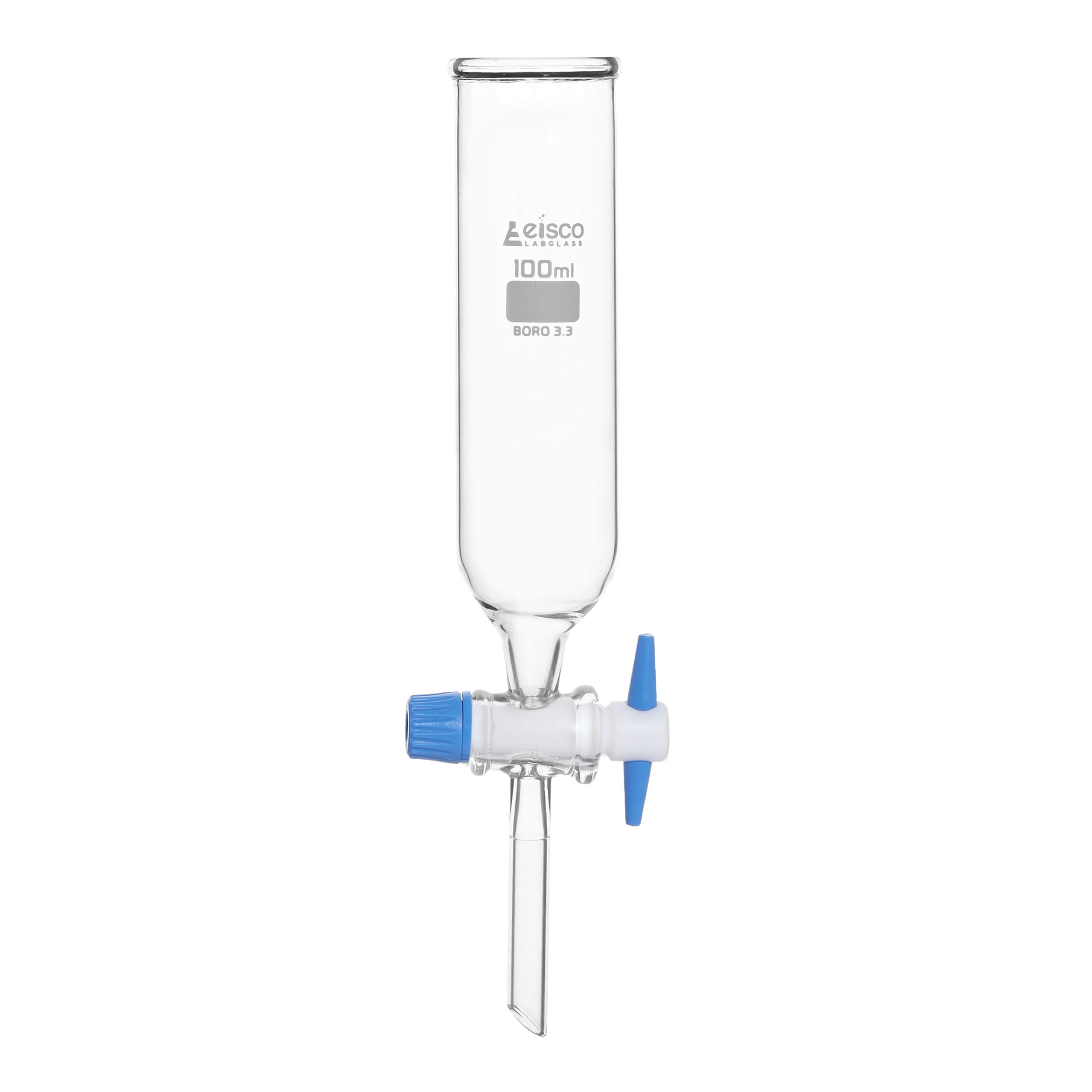 EISCO Dropping Funnel, 100ml - PTFE Key Stopcock, Open Top, Cylindrical - Ungraduated - Borosilicate Glass