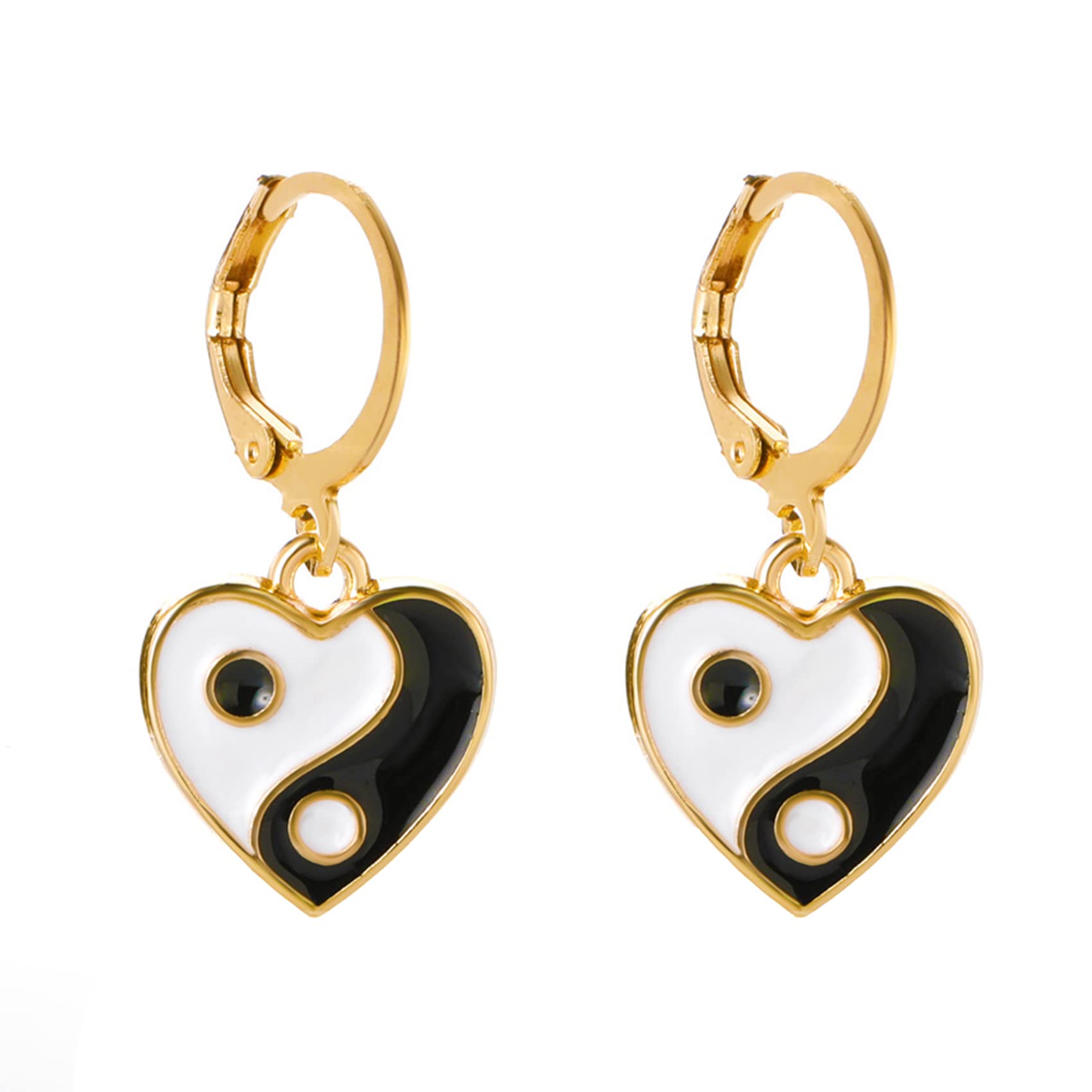 Atmneris Heart Yin Yang Dangle Hoop Earrings Enamel Statement Earring Small Hoop Mini Huggie Earrings for Women,Black White