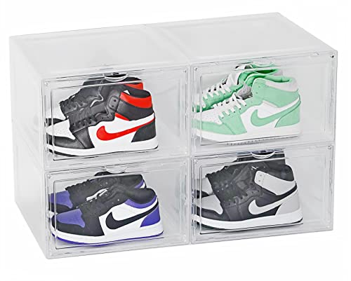 BYFU 4 Pack Shoe Box Side Open, Plastic Stackable Shoe Storage Organizer Shoe Container Sneaker Box for Men Women Shoe (Transparent)