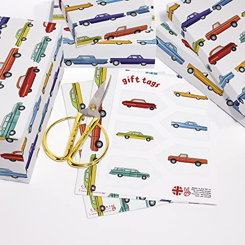 CENTRAL 23 Car Wrapping Paper For Men - 6 Sheets White Gift Wrap - Vintage Cars - For Birthday Valentines Christmas Anniversary - Comes With Fun Stickers - Recyclable