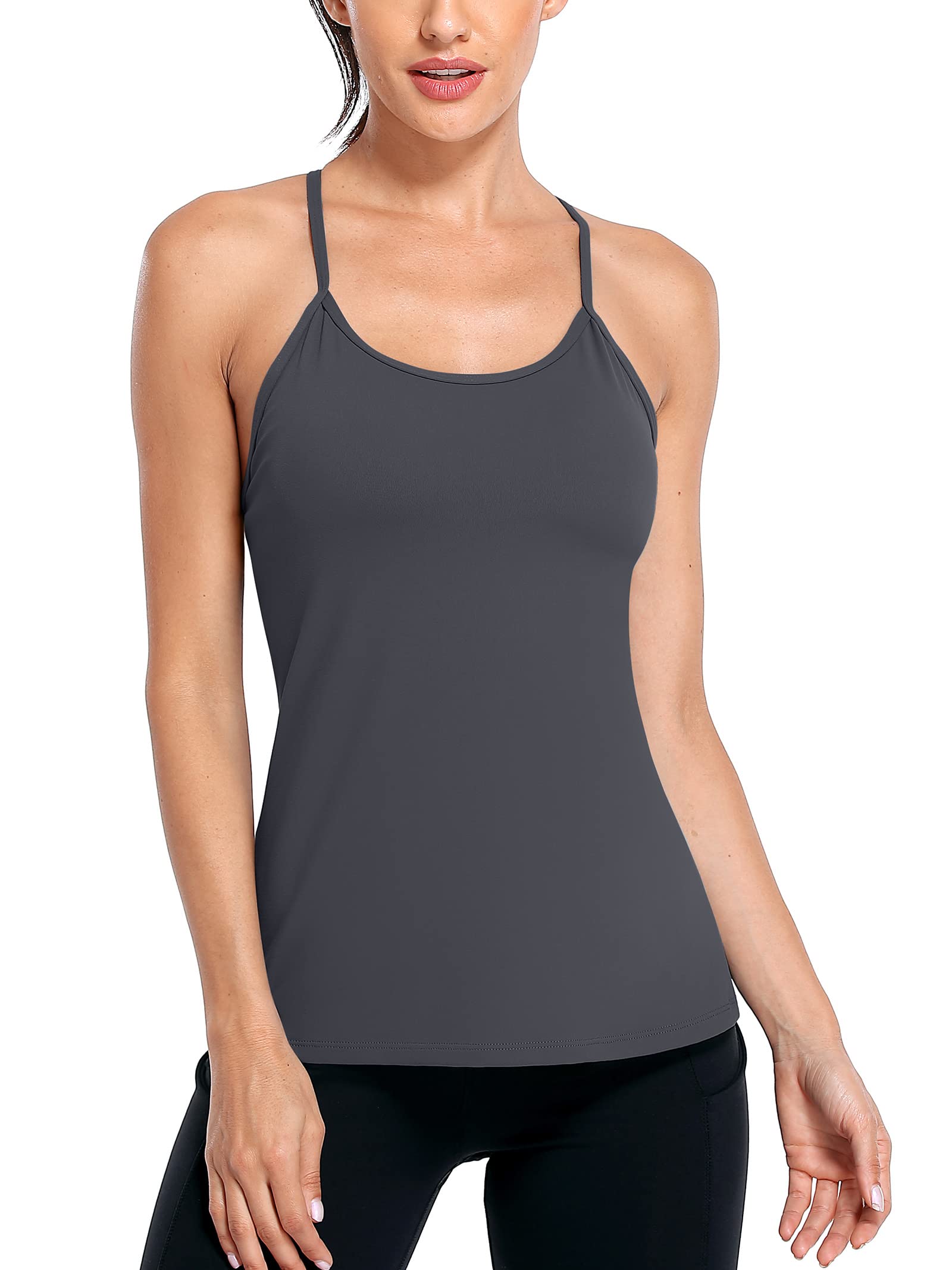 ATTRACO Women's Workout Tank Tops Crewneck Racerback Sleeveless Athletic Tops with Bras Grey M