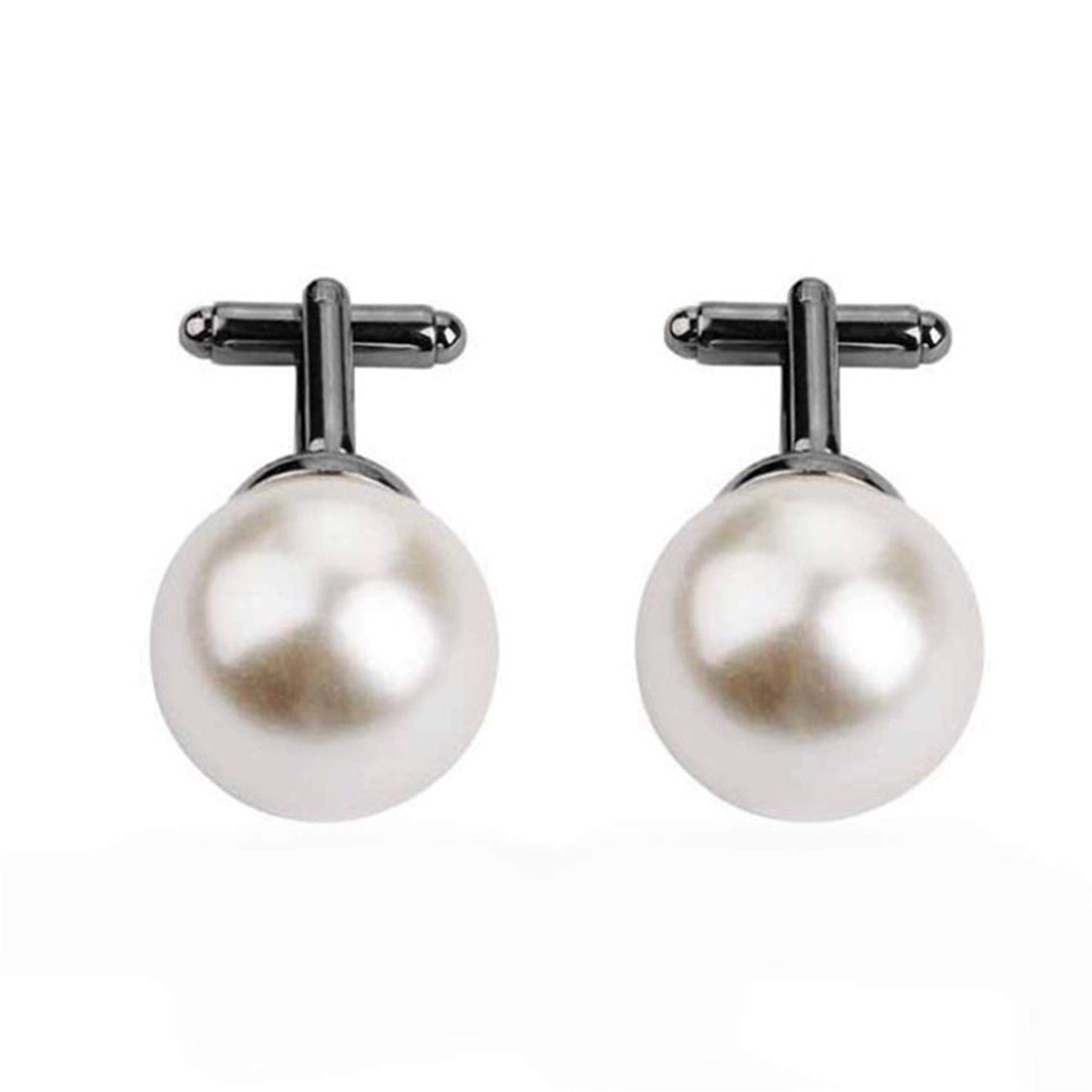 Atmneris Woman Men's Simulated Pearl Cufflinks and Studs for Shirts Business Wedding Formal Suit Cuff Link,Silver