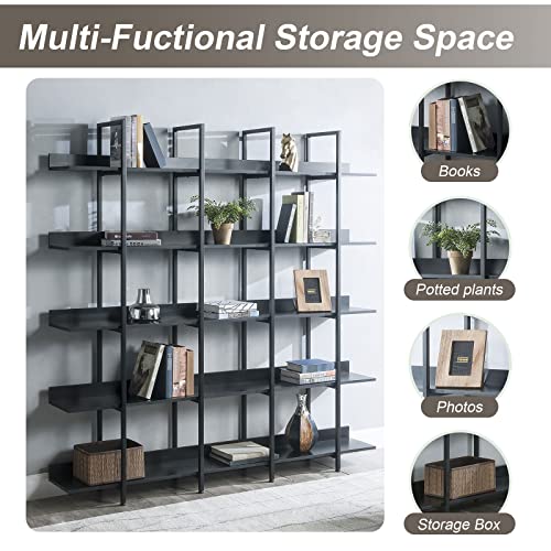 CALABASH Bookcases and Bookshelves Triple Wide 5 Tiers Industrial Bookshelf, Large Tall Bookcase Open Display Shelves with Metal Frame for Living Room Bedroom Library Home Office(Black)