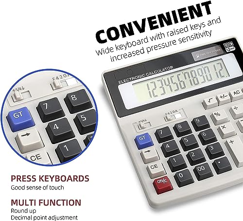 Calculator, Calculators Large Display and Buttons, Solar Battery Dual Power, Big Button 12 Digit Large LCD Display (White)