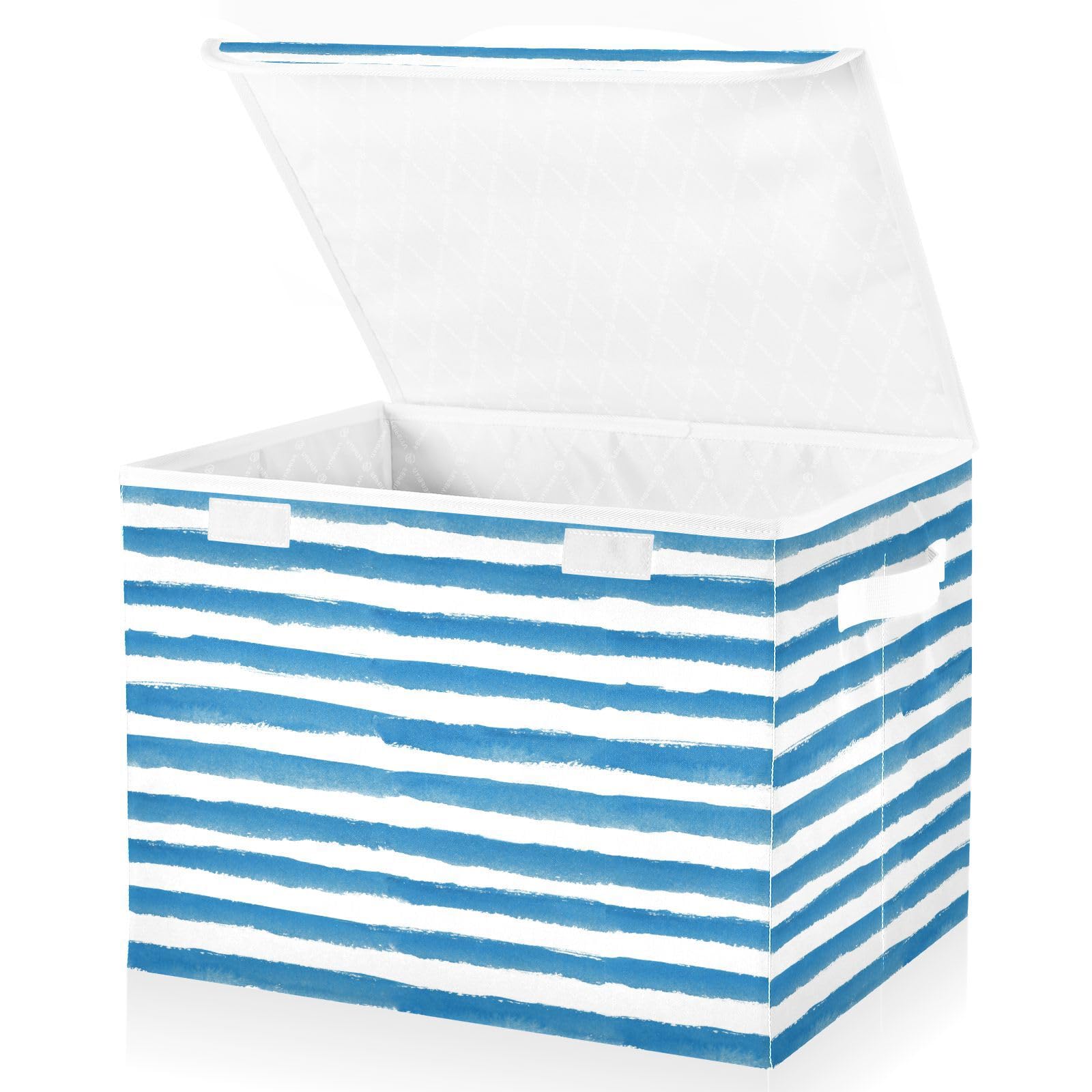 Gredecor Blue-white Stripes Large Storage Basket Bins with Lid Storage Boxes Organizer with Handle 16.5"x12.6"x11.8" Collapsible Storage Cube for Toys Bedroom Nursery Home