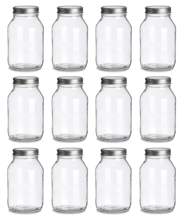 North Mountain Supply 32 Ounce Quart Glass Regular Mouth Mason Canning Jars - With Silver Safety Button Lids - Case of 12