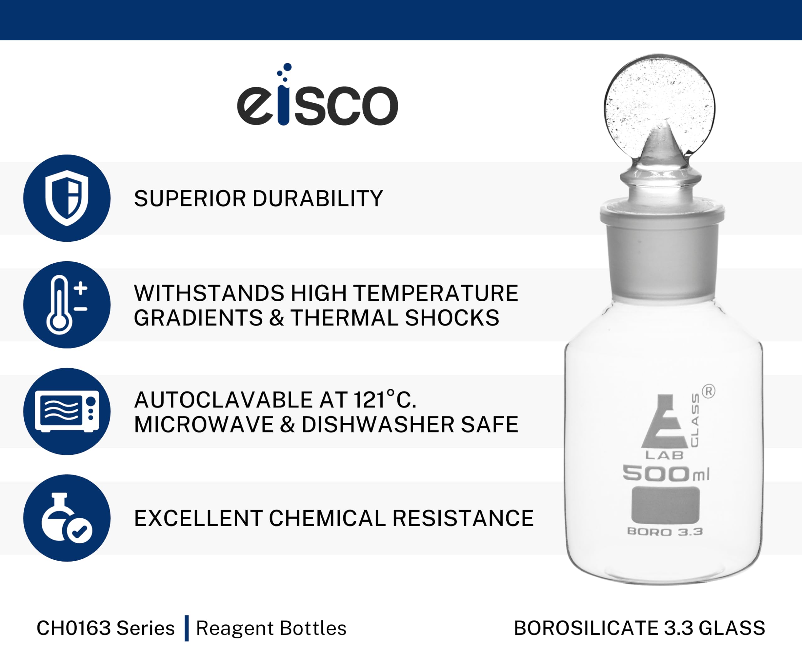 EISCO Reagent Bottle, 1000ml - Wide Mouth and Glass Penny Stopper Borosilicate 3.3- Eisco Labs