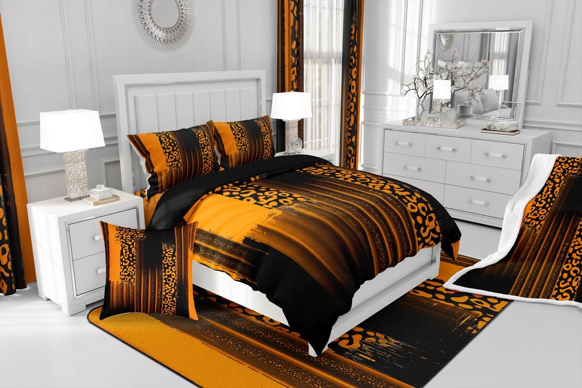 Feelyou Orange Black Reversible Bedding Set Queen Size Abstract Leopard Comforter Cover Set for Kids Adults Ombre Stripes Duvet Cover Modern Art Bedspread Cover Room Decor 3Pcs with 2 Pillow Case