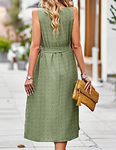 Falechay Midi Dresses for Women Wedding Guest with Belt Pocket Crew Neck Sleeveless Green Dress L Loose Vacation