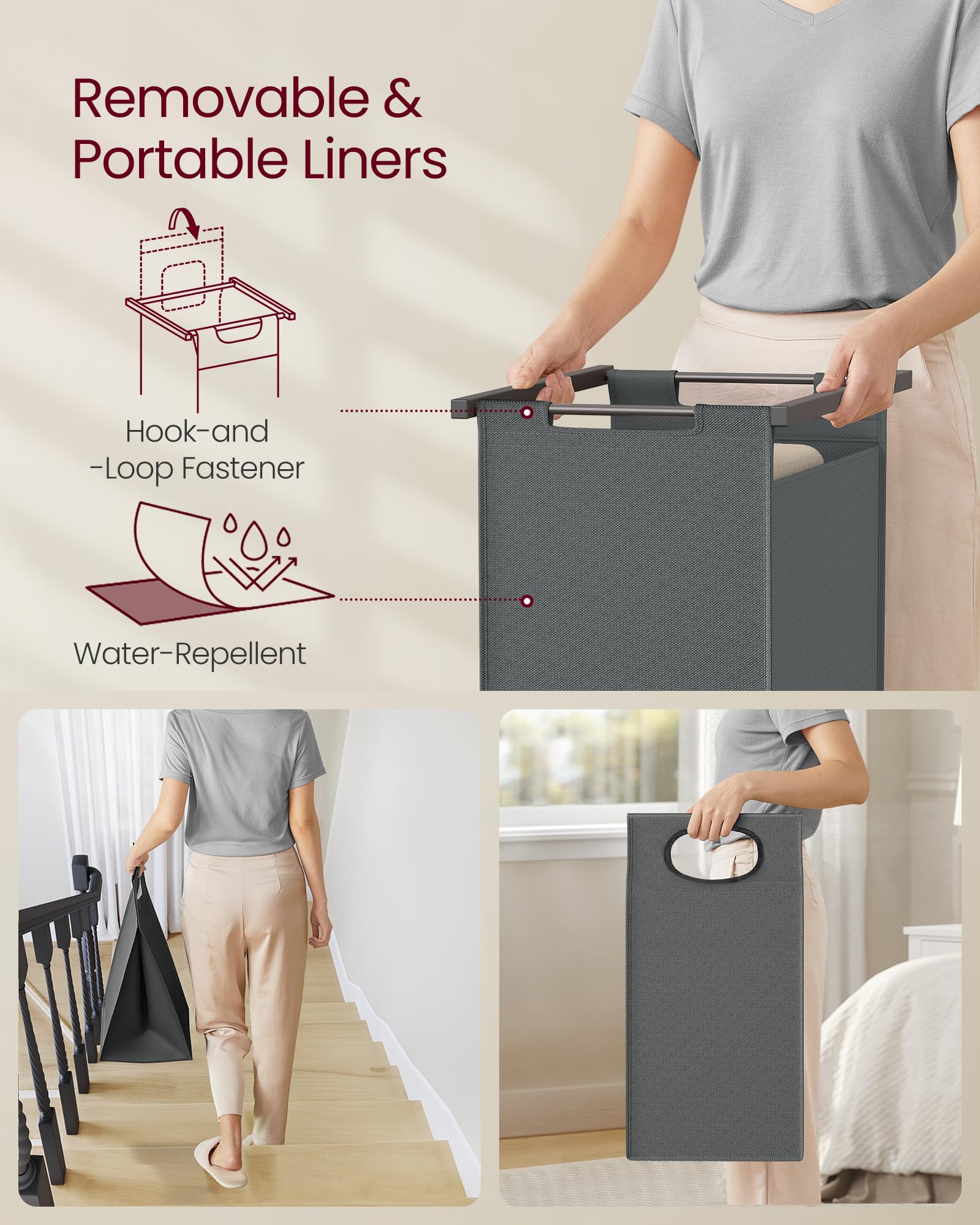 VASAGLE Laundry Basket, 2-Section Laundry Hamper with Pull-Out and Removable Liners, Clothes Rail, 2 x 12.1 Gallons, 28.7 x 13 x 69.7 Inches, Heather Greige and Slate Gray UBLH231G02