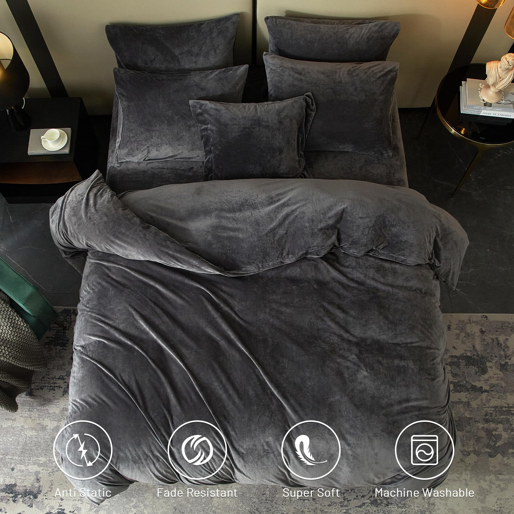 SE SOFTEXLY Velvet Duvet Cover King Size, Soft Flannel Duvet Cover with Zipper Solid Breathable Silky Velour Comforter Cover, Cozy Winter Duvet Cover Set with 2 Pillowcases, 90" x 104", Charcoal Grey