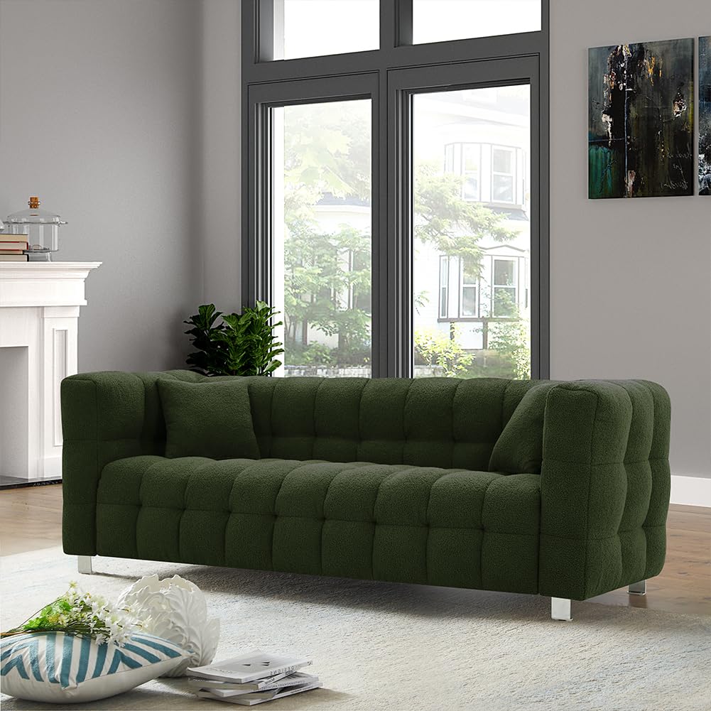 BSYEIO Modern Sofa Couch with Metal Legs Upholstered Tufted 3 Seater Couch with 2 Pillows Comfy Boucle Couch for Living Room, Bedroom, Office, 80 Inch Wide (Green-Teddy)