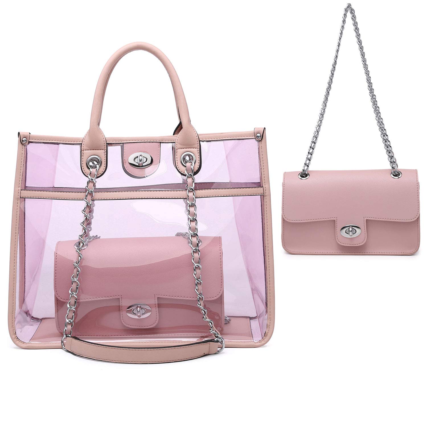 Large Clear Tote Bag Top handle Bag for Women Handbag Messenger Crossbody Purse With Turn Lock Closure (2 Sets) (Pink)