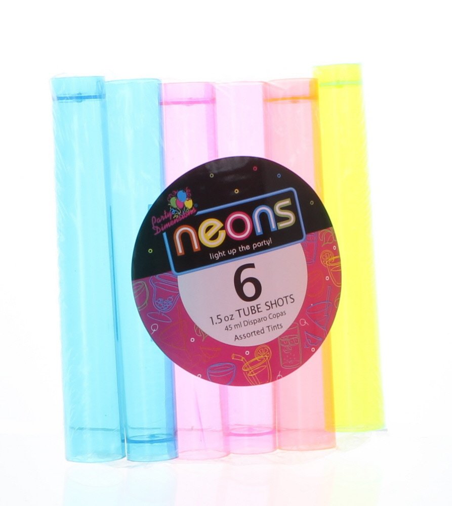 Party Dimensions Neon Mix Plastic 1.5 oz | Assorted Tints | Pack of 6 Tube Shot, 1.5 ounce, Pink, Blue, Green, Orange