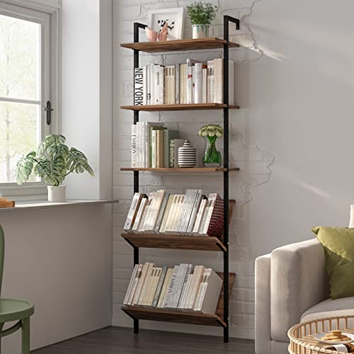 bukfen Ladder Bookshelf, 5 Shelf Modern Bookcase, Wall Mount Industrial Bookshelf, Open Wood Storage Shelves with Metal Frame for Bedroom Office, Rustic Brown