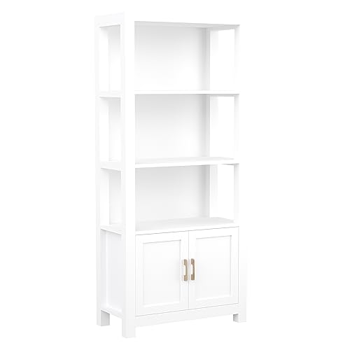 Martha Stewart Hutton Four Tier Shaker Bookcase with Storage Cabinet in White with Polished Brass Hardware