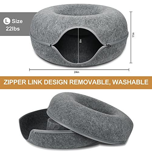 Cat Tunnel Bed, Cat Cave Bed ,Beds for Indoor Cats - Large Cat House for Pet Cat Cave ,Detachable Round Felt & Washable Interior Cat Play Tunnel for Small Pets (24 Inch, Dark Grey)