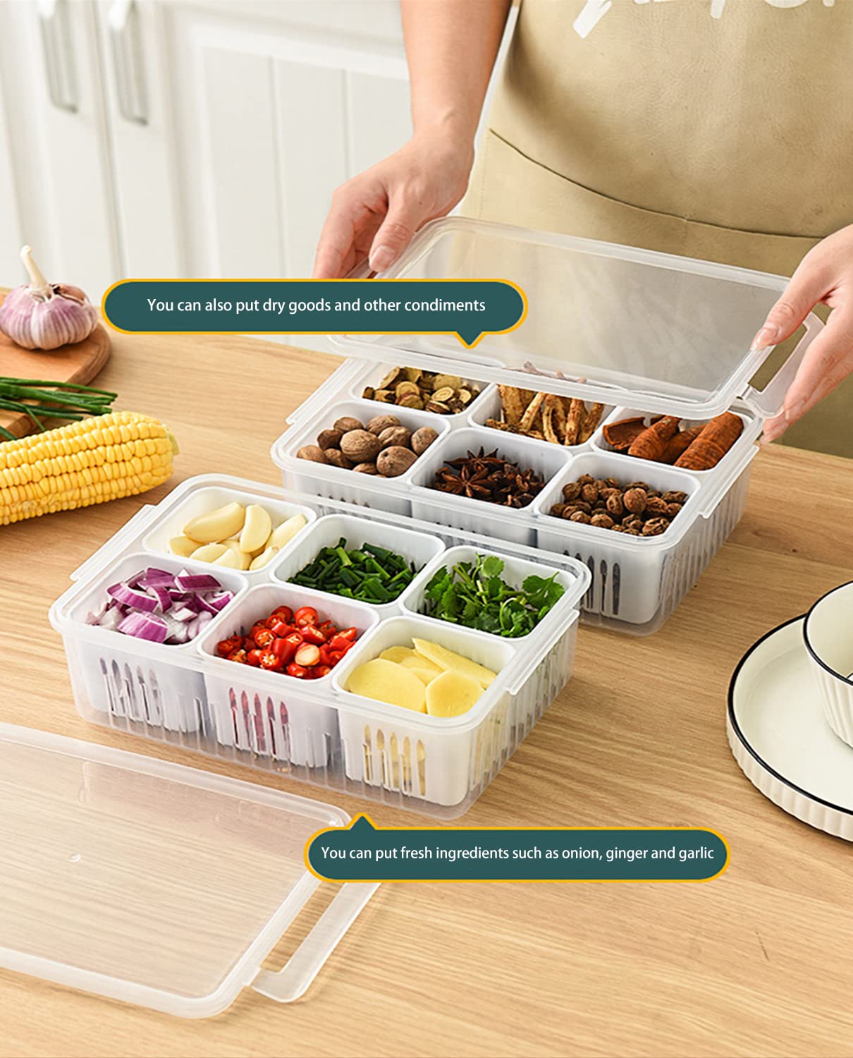 Bhtqdnq Food Storage Containers with Lids Airtight, Fridge Fresh-Keeping Container with 6 detachable small boxes, Portable Divided Fruit Storage Container Onion Ginger Garlic Cherry Storage (6 boxes)