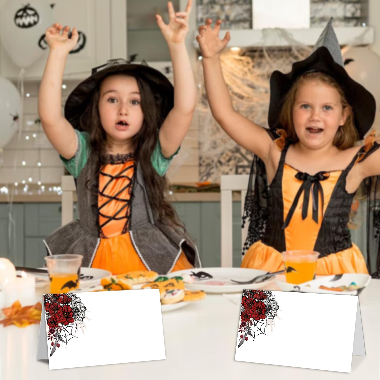 Halloween Table Place Cards, Editable Name Place Cards, 25 Pack Buffet Food Tent Labels, Double Design Name Cards, Halloween Thanksgiving Party Decorations, Easy Folding for Dinner Party - L523
