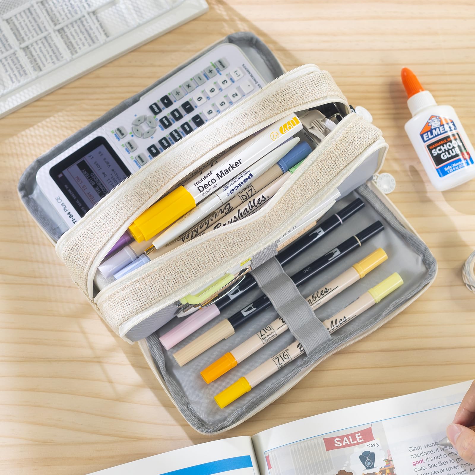 CICIMELON 3 Compartment Pencil Case Bag Big Storage Pencil Pouch Pen Case for School Girls Boys, Beige