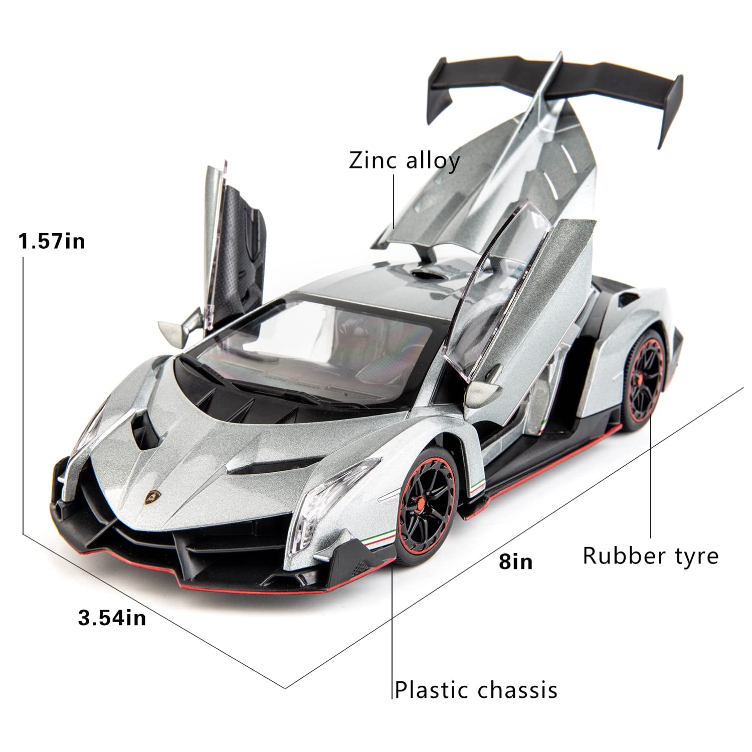 WAKAKAC Diecast Car for Lambo Veneno Model Car 1/24 Scale Sports Toy Vehicle Door Can be Opened Toy Car Front Wheel Steerable (Gray)