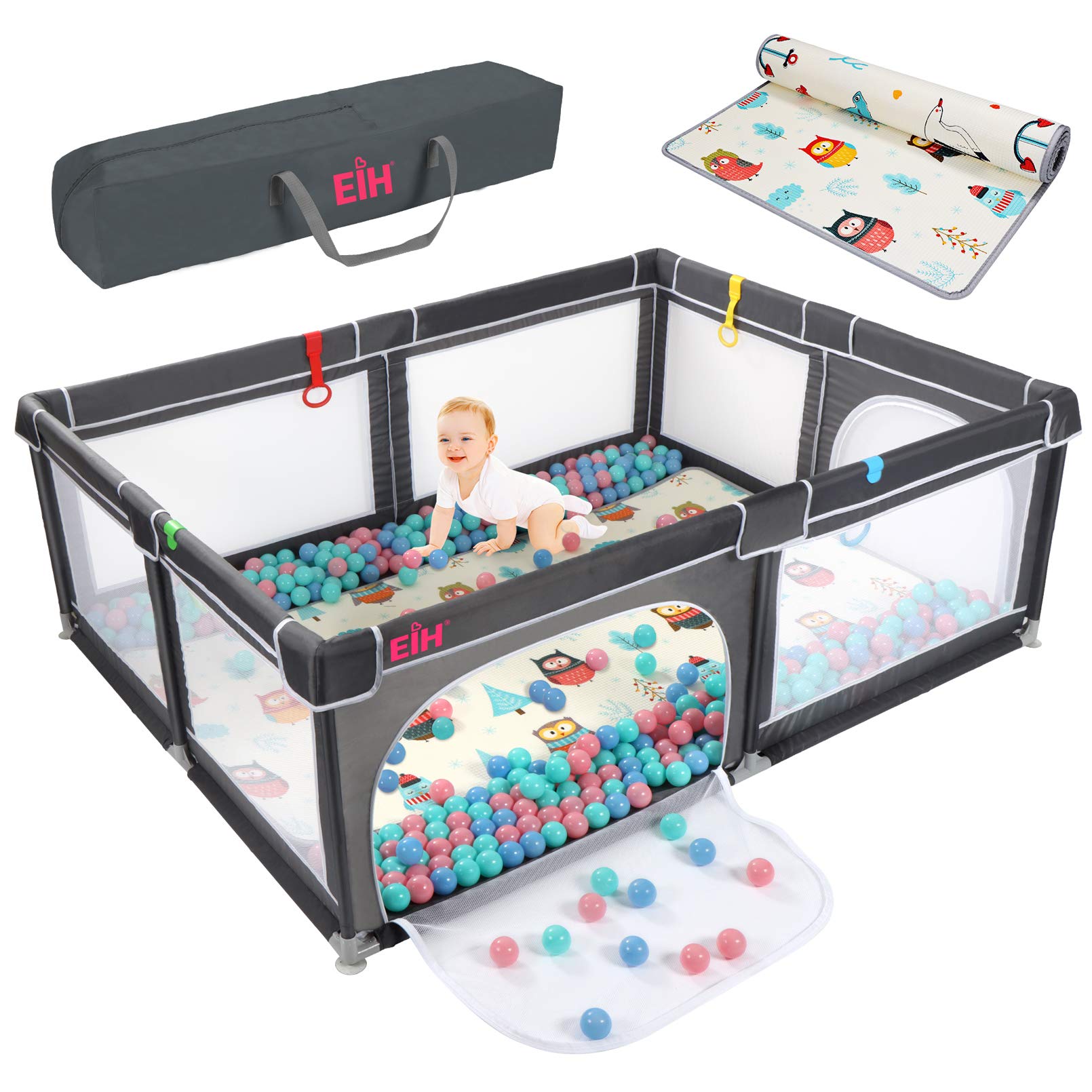 EIH Baby Playpen, Extra Large Playpen for Toddlers with Crawling Mat & 50PCS Ocean Balls, Portable Playpen for Babies, Indoor & Outdoor Kids Activity Play Yard with Gate, 79in x 59in (Dark Grey)