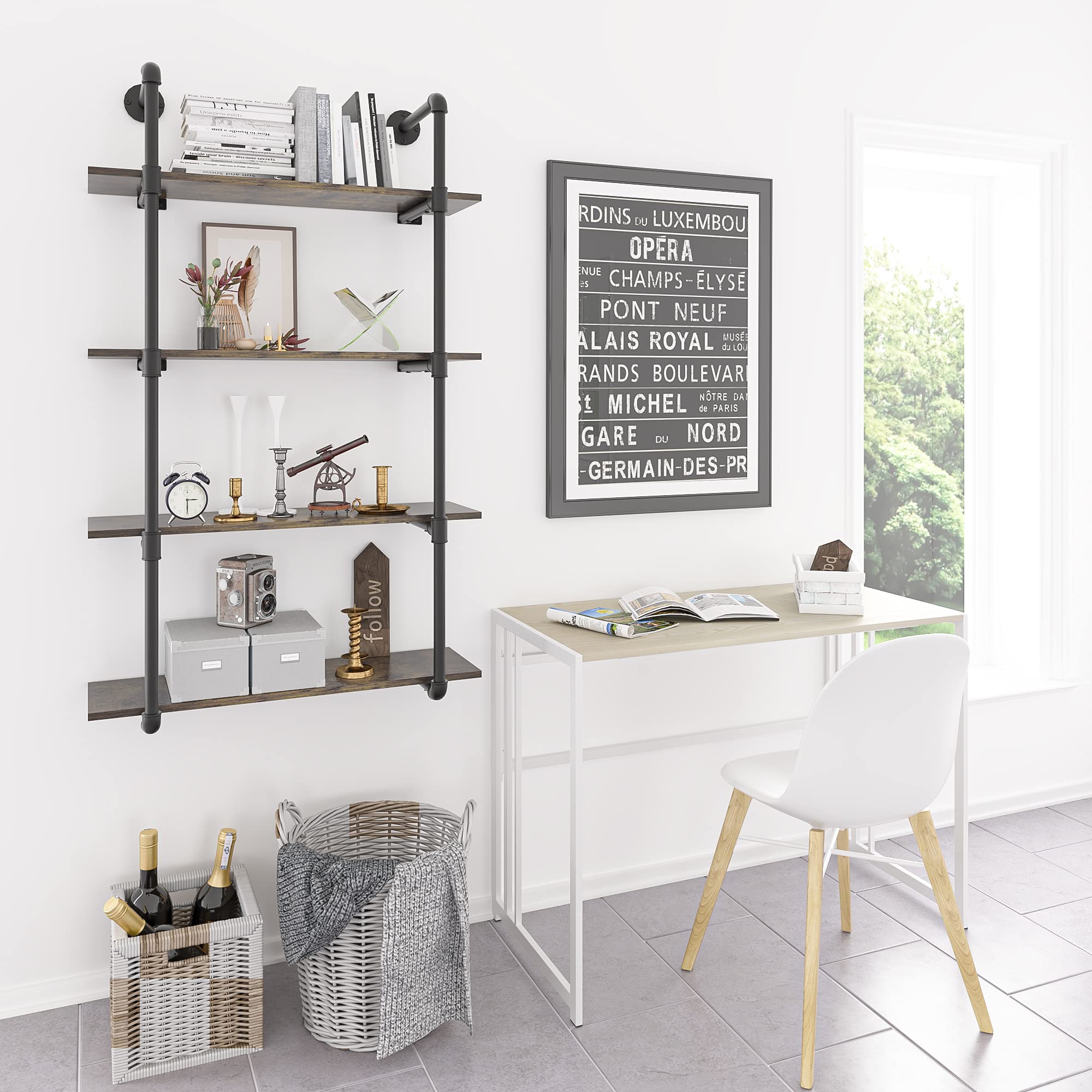Gezen Industrial Pipe Shelving 31.5in Floating Bookshelf,Wall Mounted Shelves Rustic Floating Shelves, Wall Storage Book Shelves for Living Room, Bedroom, Kitchen (Brown, 2 Tier)