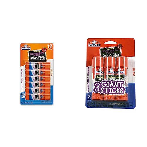 Elmer's Disappearing Purple School Glue Sticks, Washable, 6 Grams, 12 Count & Disappearing Purple School Glue Sticks, Washable, 22 Grams, 3 Count