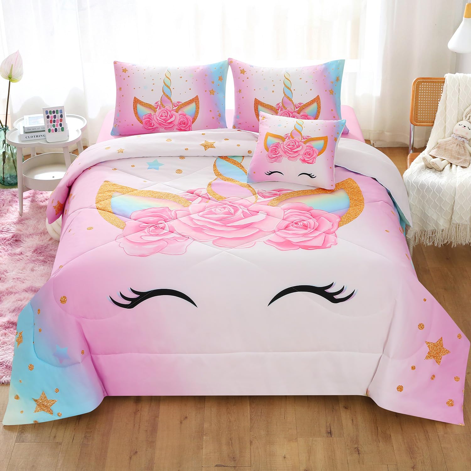 Keyroal 6Pcs Queen Comforter Set with Sheet,Unicorn Flower Bedding Set for Kids,Pink Rainbow Bed in a Bag Bedding for Girls-Smile Unicorn