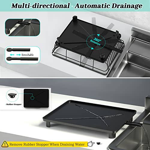 BUDO Dish Drying Rack, Stainless Steel Plate Rack with Drainboard, Removable Utensils and Cup Storage Holder, 360° Swivel Spout for Kitchen Counter (Black)