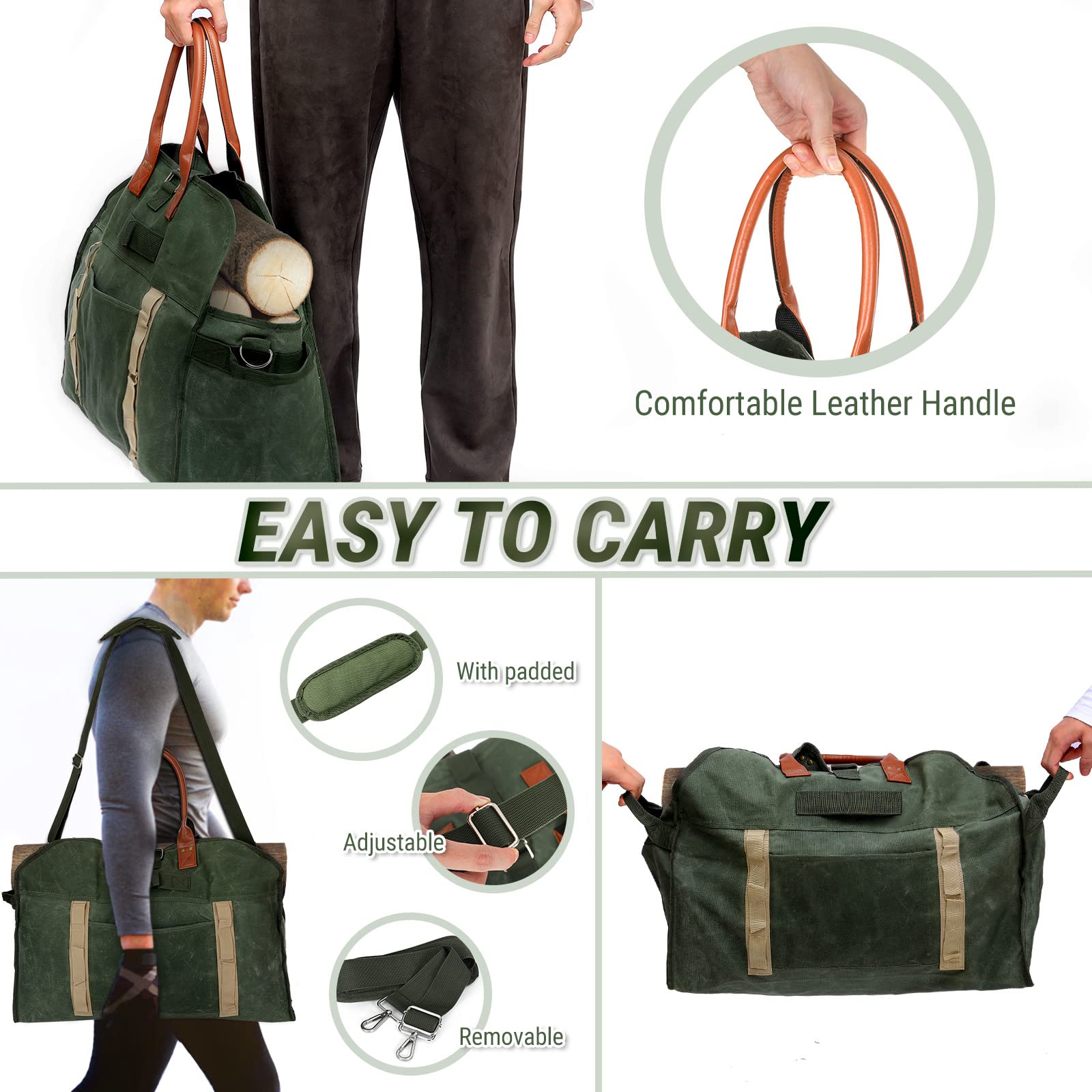 EIVOTOR Multifunction Firewood Carrier Bag, Extra Large Waxed Canvas Wood Log Carrier for Firewood with Soft Handles and Adjustable Shoulder Strap, Firewood Holder Tote Bag for Indoor Home or Camping