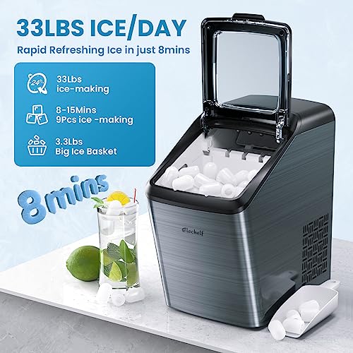Countertop Ice Makers Countertop Ice Machine Elechelf,33LBS/24HRS,Bullet Ice Maker Machine,9 Pcs Cube Ready in 8-15mins with Scoop and Basket,Perfect for Home/Kitchen/Party/Office(Black)