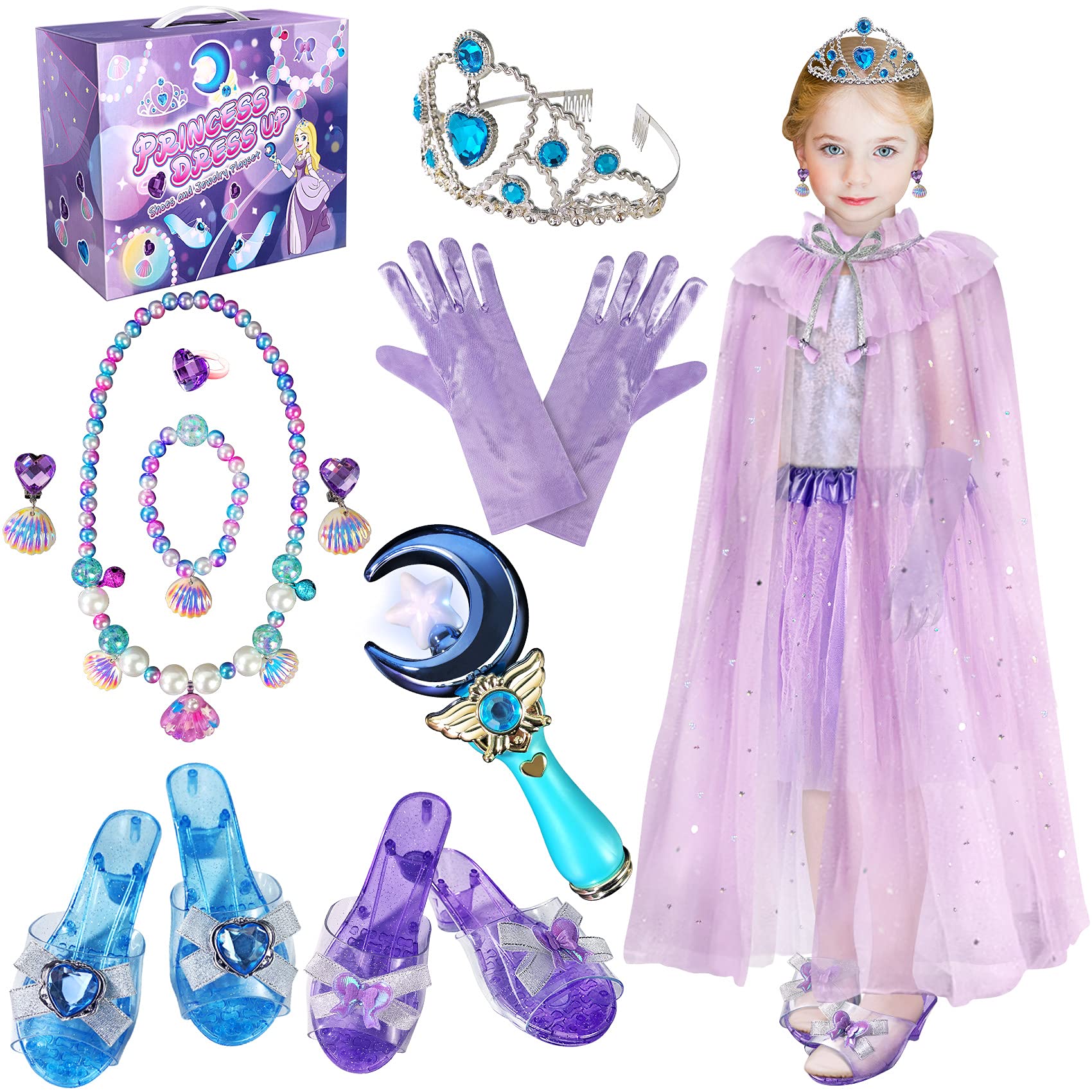 Heyzeibo Princess Makeup Dress Up Toys Set, Kids Pretend Play Makeup Starter Kit Include All Your Girl Needs to Play Dress Up with Stylish Bag Shoes Jewelry for 3-12 Years Old Kids Birthday