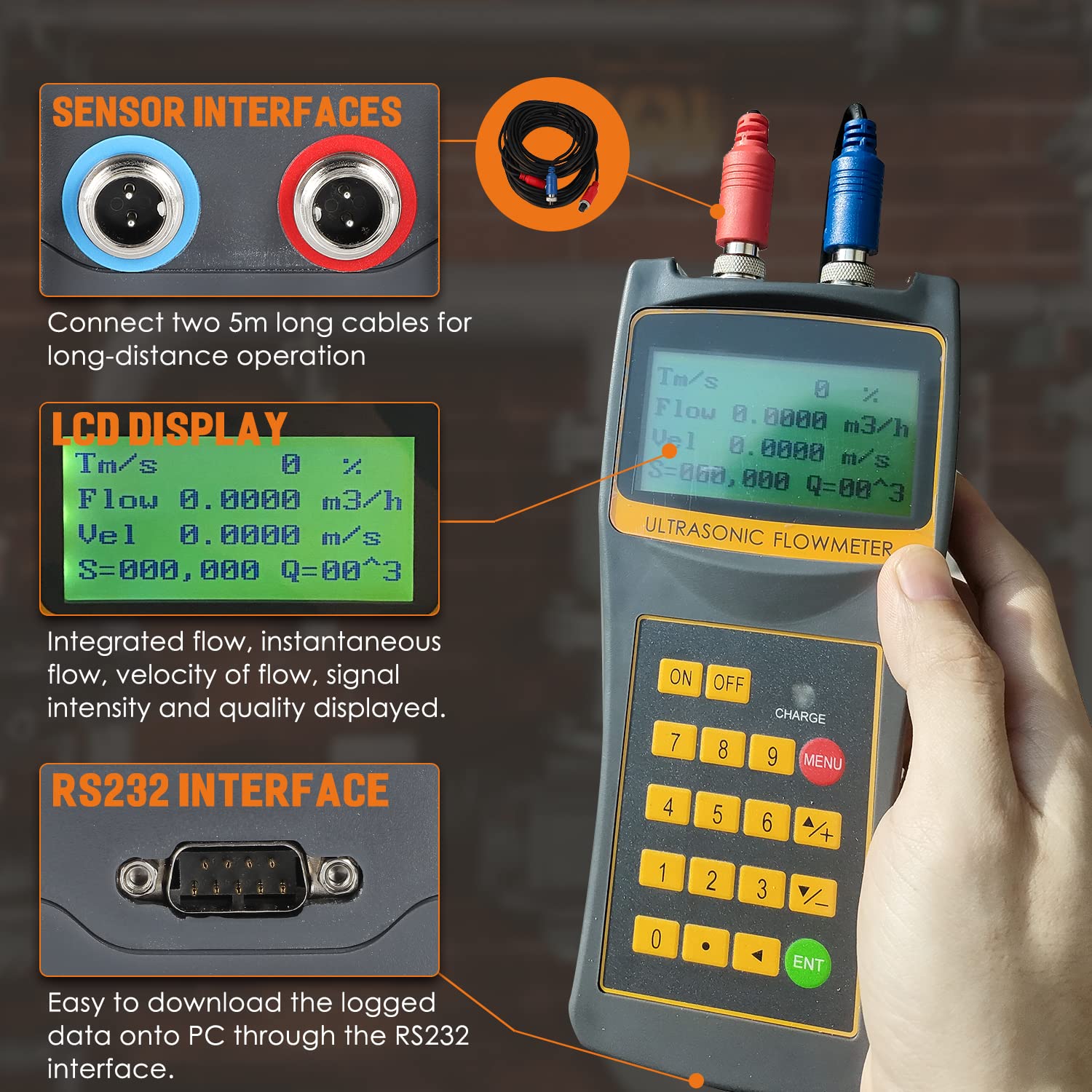 Bonvoisin Handheld Ultrasonic Flow Meter Portable Clamp on Flowmeter with Data Output S1+M2 Sensors for Seawater Alcohol Industrial Sewage DN15-700mm (1/2-28")