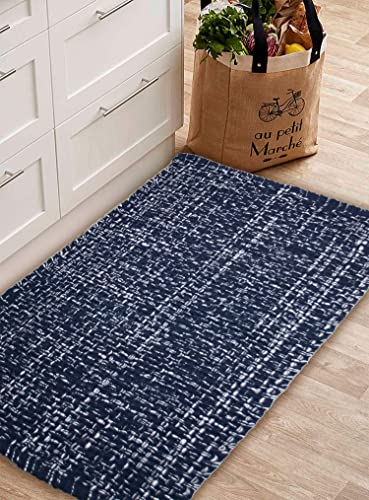 CHARDIN HOME Navy & White Cotton Throw Rug, 21x34 Inches Area Rug for Bathroom Kitchen entryway, Reversible Handwoven Rug Machine Washable.