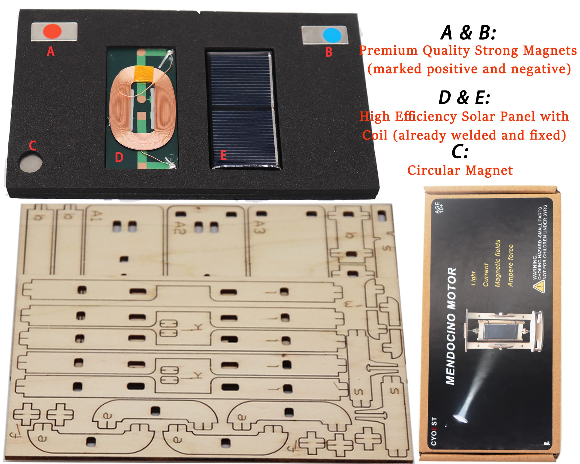 STEM Solar Engine Motor Science Model Building Kit Physical Experiment Magnetic Mendocino Educational Hobby Toy for Kids & Adults Including Solar Panels with Soldered Coils,Strong Magnets and More