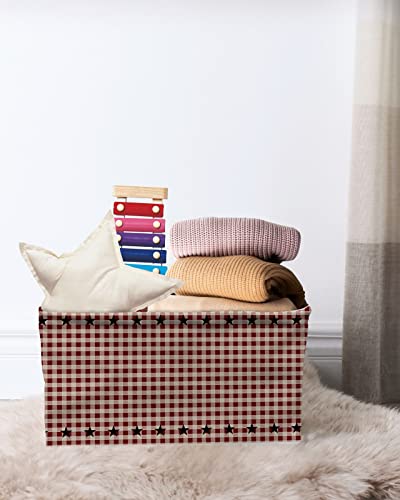 Country Star Storage Basket Waterproof Cube Storage Bin Organizer with Handles, Farmhouse Red Buffalo Plaid Rustic Collapsible Storage Cubes Bins for Clothes Books Toys 15"x11"x9.5"