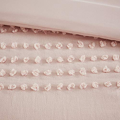 Comfort Spaces 100% Comforter Set Cotton Jacquard Pom Tufts Design Hypoallergenic Down Alternative, All Season Modern Bedding, Matching Shams, Full/Queen, Phillips, Blush