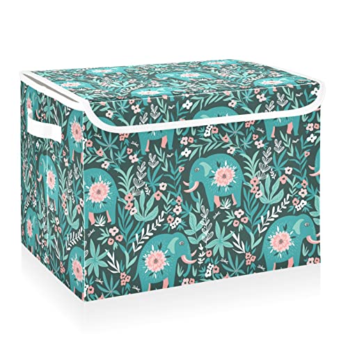 CaTaKu Floral Elephants Green Storage Bins with Lids and Handles, Fabric Large Storage Container Cube Basket with Lid Decorative Storage Boxes for Organizing Clothes