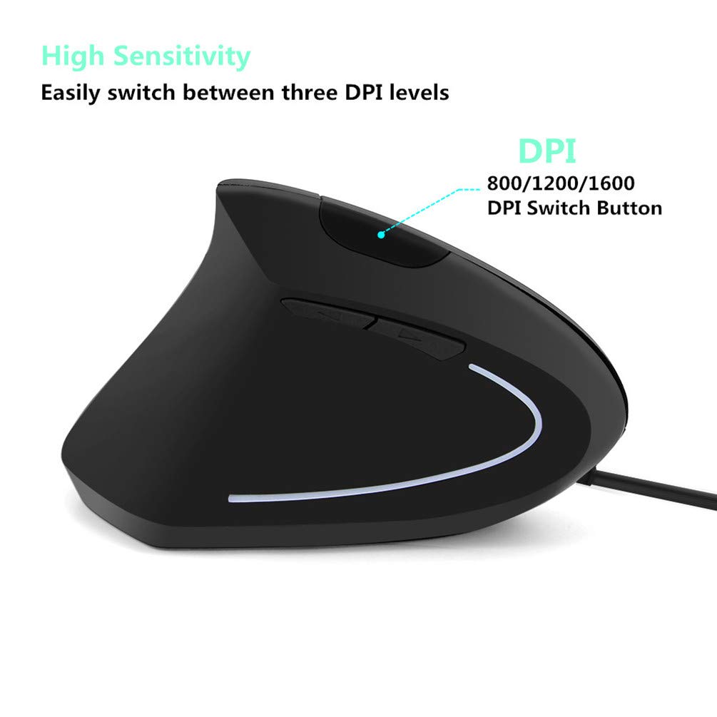 FLY WAY Left Handed Mouse,Ergonomic Vertical USB Wired Mouse 800/1200/1600 DPI Optical 6 Buttons Gaming Mice for PC Laptop Computer Desktop Mac (Left Hand)