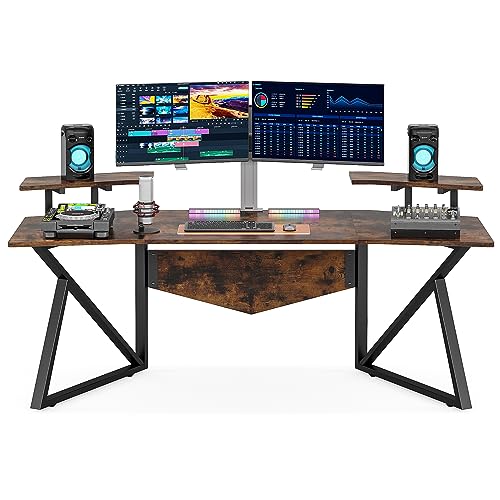 LITTLE TREE 70.9" Large Computer Desk Home Office Desk Wing-Shaped Gaming Studio Desk, Rustic Brown