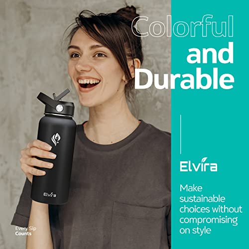 Elvira 32oz Vacuum Insulated Stainless Steel Water Bottle with Straw & Spout Lids, Double Wall Sweat-proof BPA Free to Keep Beverages Cold For 24Hrs or Hot For 12Hrs-Black