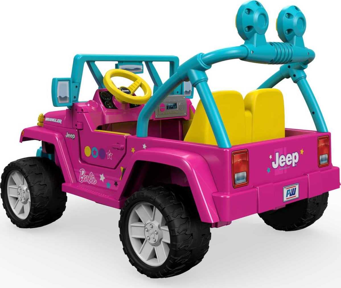 Fisher-Price Power Wheels Battery Powered Barbie Jeep Wrangler Car with Steering Wheel, Music Playing Radio, Roll Bar, and Power Lock Brakes