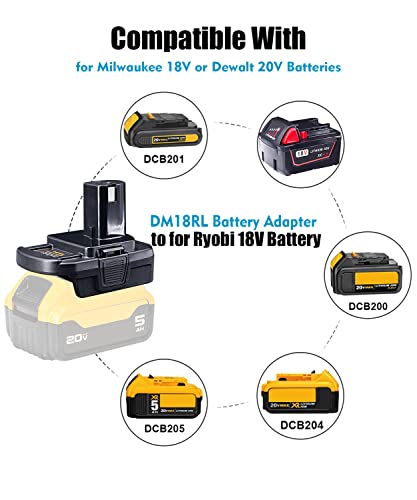 Garystat Battery Adapter DM18RL, Compatible for Dewalt 20V & Milwaukee M18 18V Lithium Battery Convert to for Ryobi 18V P108 ABP1801 Battery for Ryobi 18V Cordless Tools, with USB Port