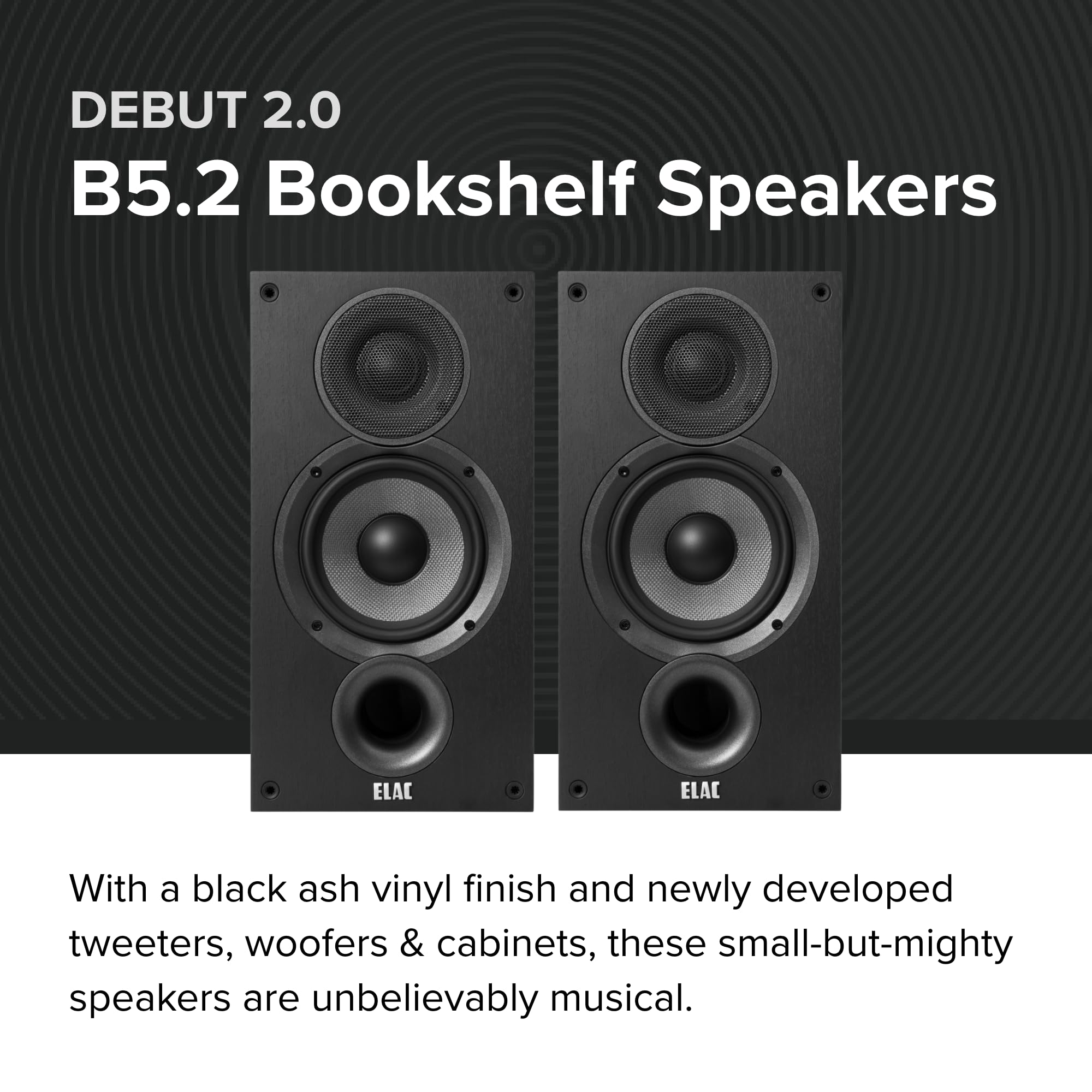 ELAC Debut 2.0 B5.2 Bookshelf Speakers, Black (Pair) - 1β Cloth Dome Tweeter & 5.25β Aramid Fiber Woofer - 2-Way Bass Reflex - Up to 35,000 Hz Response