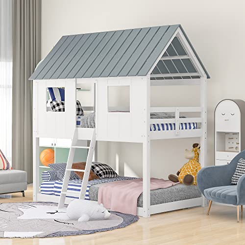 DEYOBED Twin Over Twin House-Shaped Wooden Bunk Bed - Perfect for Kids and Teens, Creative and Space-Efficient Bedroom Solution