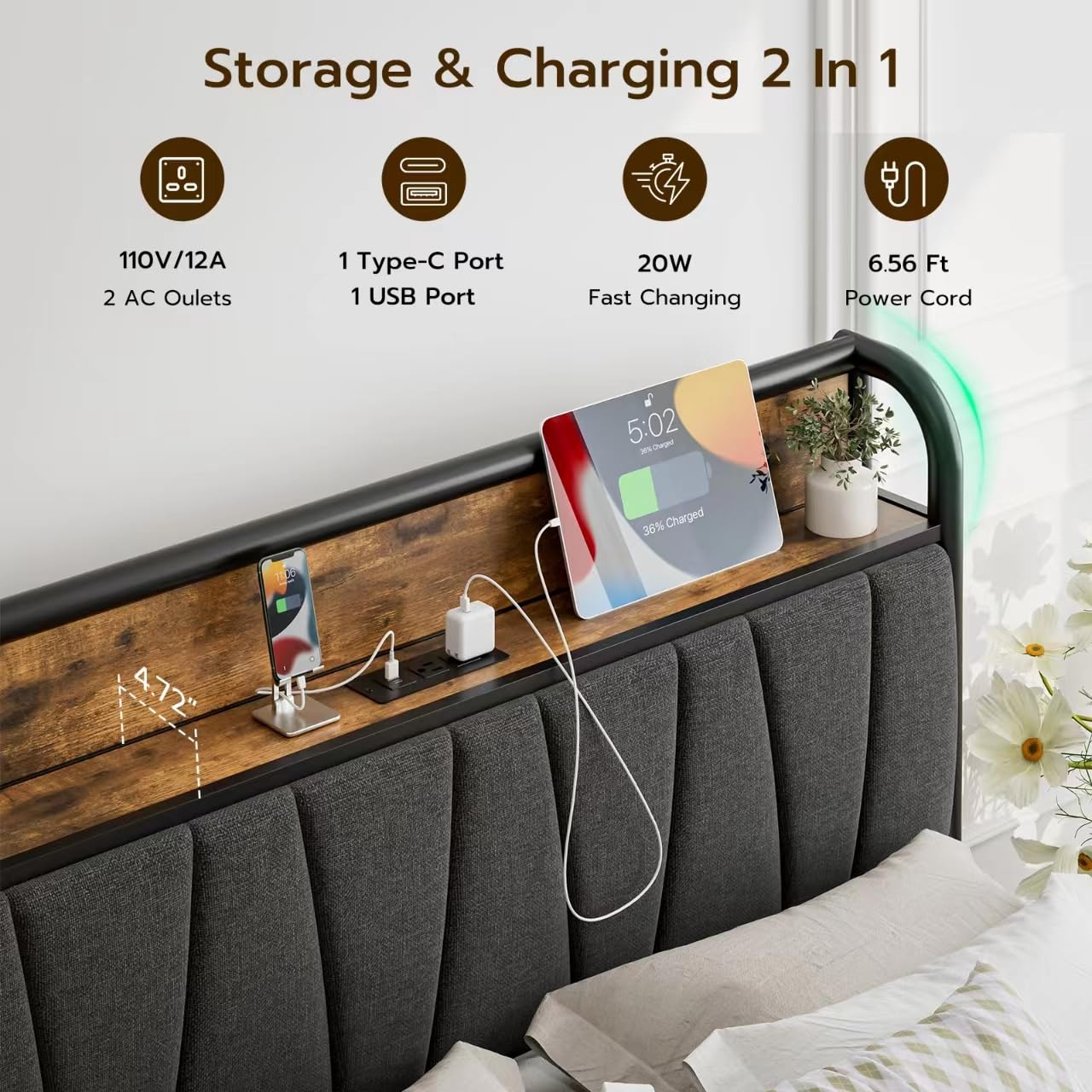 CIKUNASI Queen Size Bed Frame with Headboard and Storage, 4 Drawers Platform Bed Frame Queen Size with Storage Chargin Station LED Light Bed Frame, Heavy Duty
