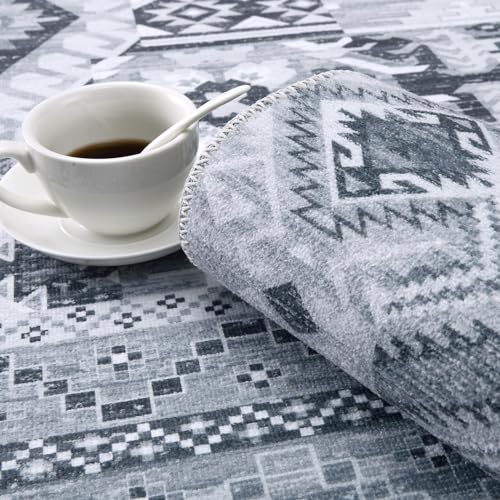 CAREMEE Machine Washable Area Rug 3x5 Tribal Entryway Mat Vintage Distressed Rug Indoor Low Pile Thin Rug Cozy Non Slip Foldable Area Rug for Living Room Bedroom Dining Room Grey