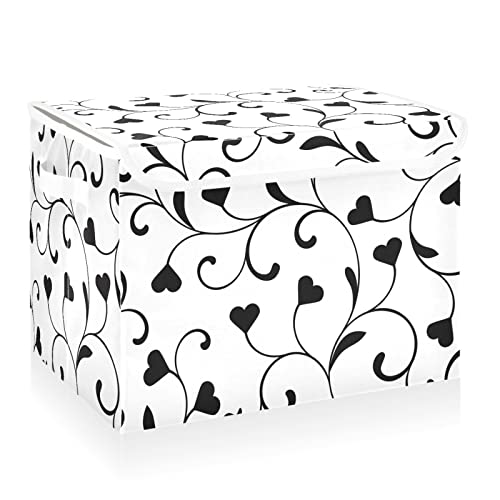 CaTaKu Hearts White Black Storage Bins with Lids and Handles, Fabric Large Storage Container Cube Basket with Lid Decorative Storage Boxes for Organizing Clothes