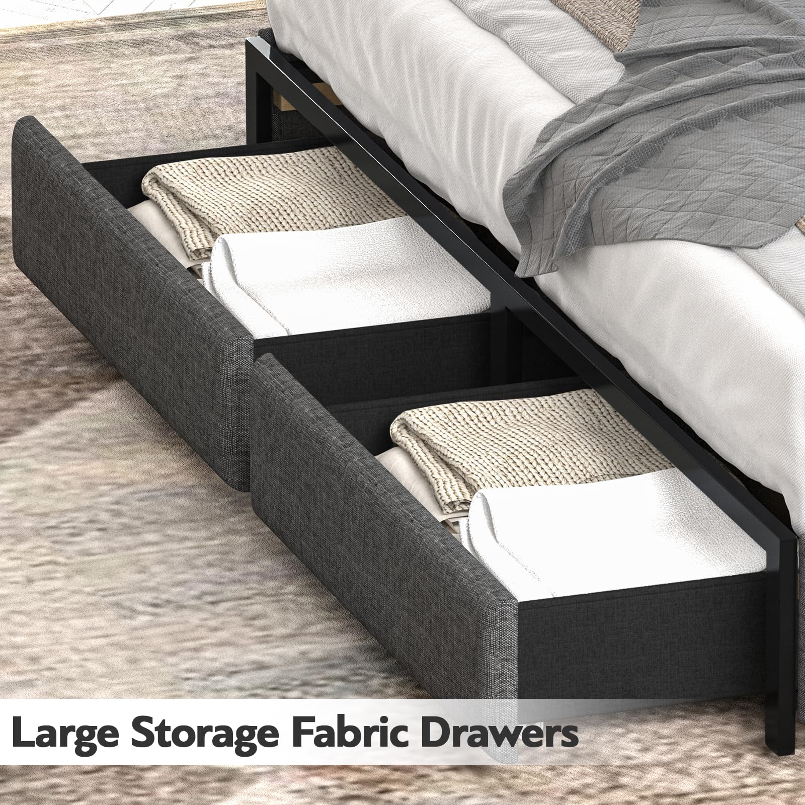 CIKUNASI LED Bed Frame Queen Size with Headboard, Queen Platform Bed Frames with Storage Drawers and Charging Station, Upholstered Bedframe with Lights Shelves, No Box Spring Needed, Dark Grey…
